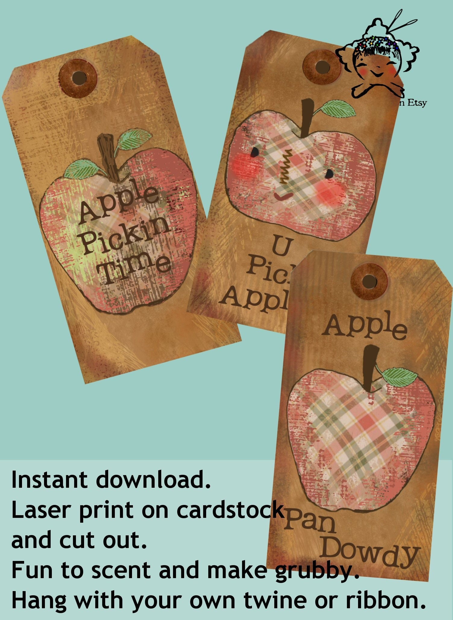 Apple Pickin Time PRINTABLES Digital Rustic Prim Primitive Apples Tag ...