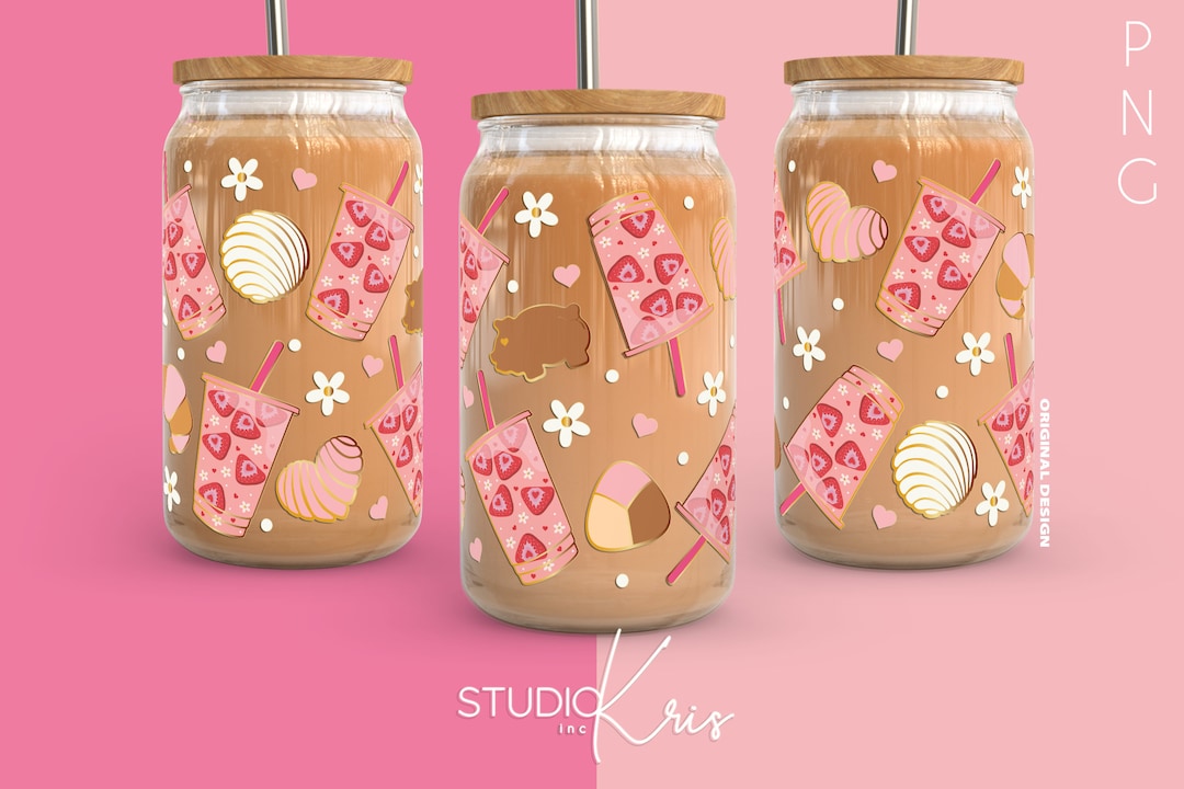 Strawberry Cafecito Valentine's Day PNG for UV DTF 16oz Can Glass Wrap ...
