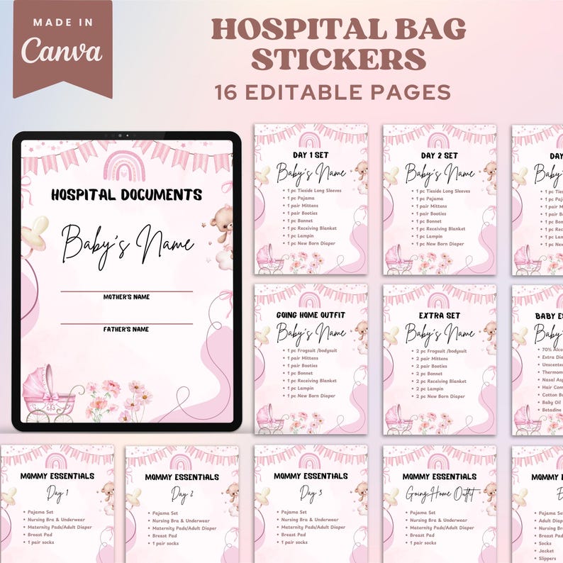 Hospital Bag Stickers for New Moms | Pink Floral Theme | Baby & Mom ...