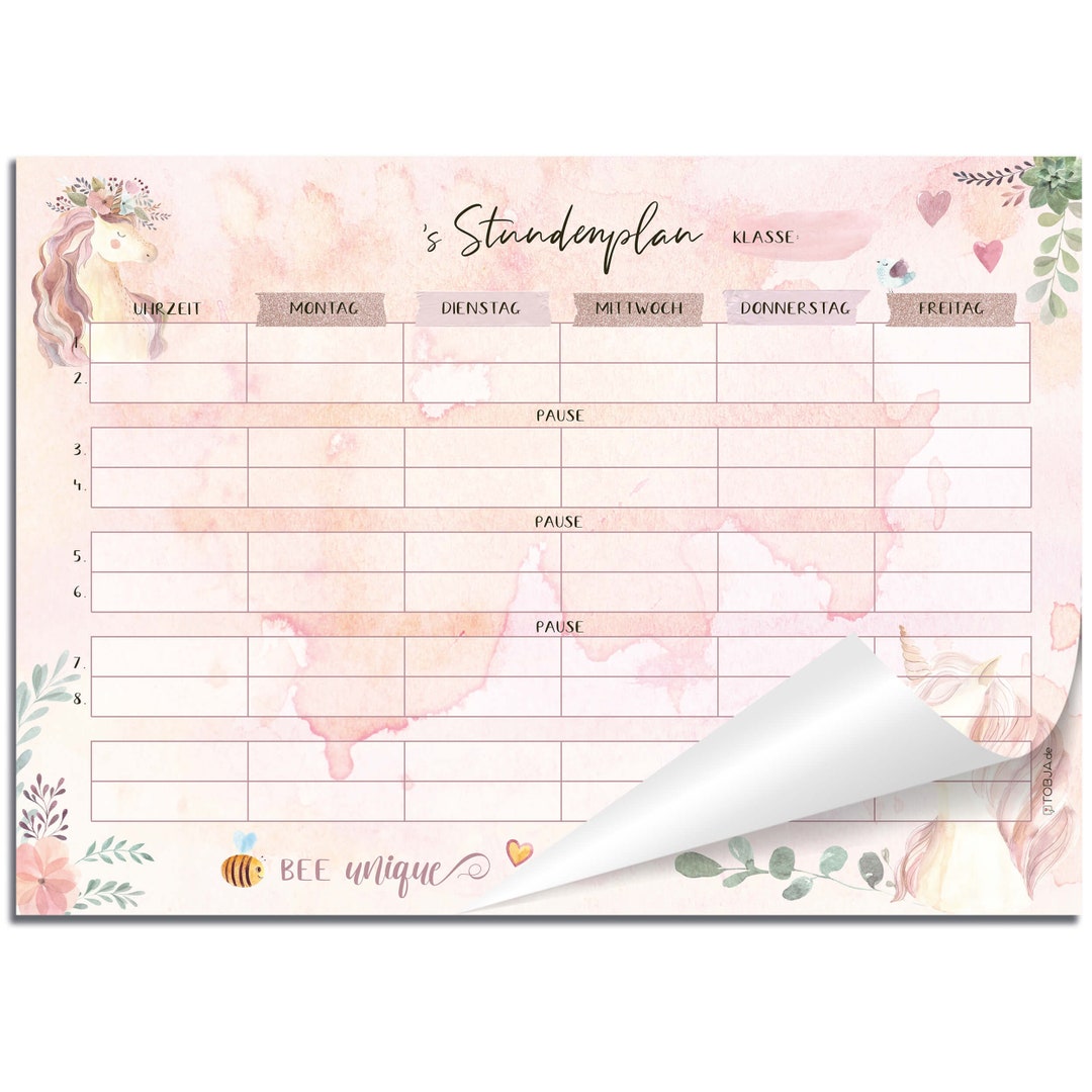 School Timetable Unicorn Design - Girls Unicorn Pink Timetable Block ...