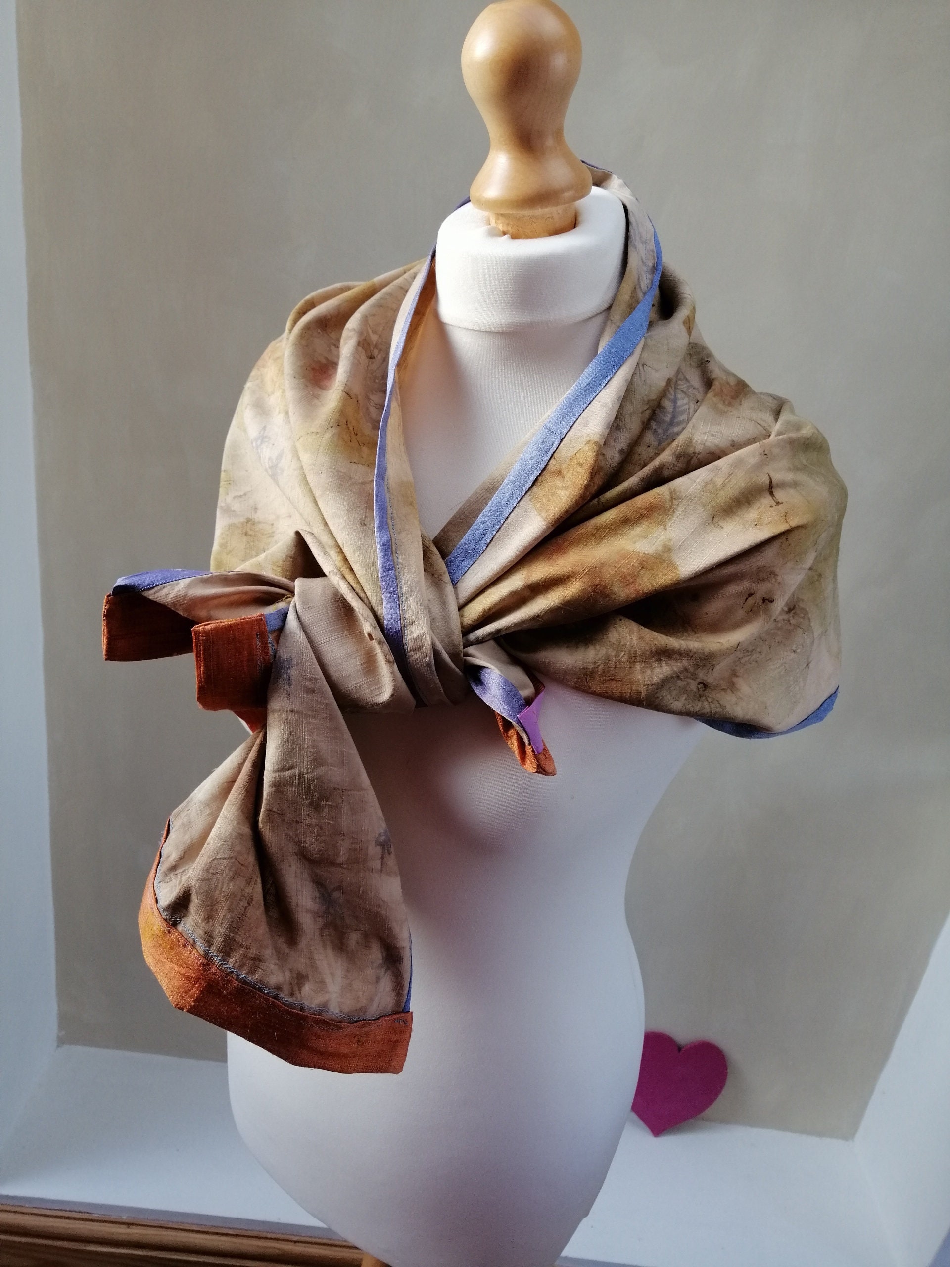 Silk Taffeta Russet Gold and Blue Eco Printed Scarf With Sky Blue Silk ...