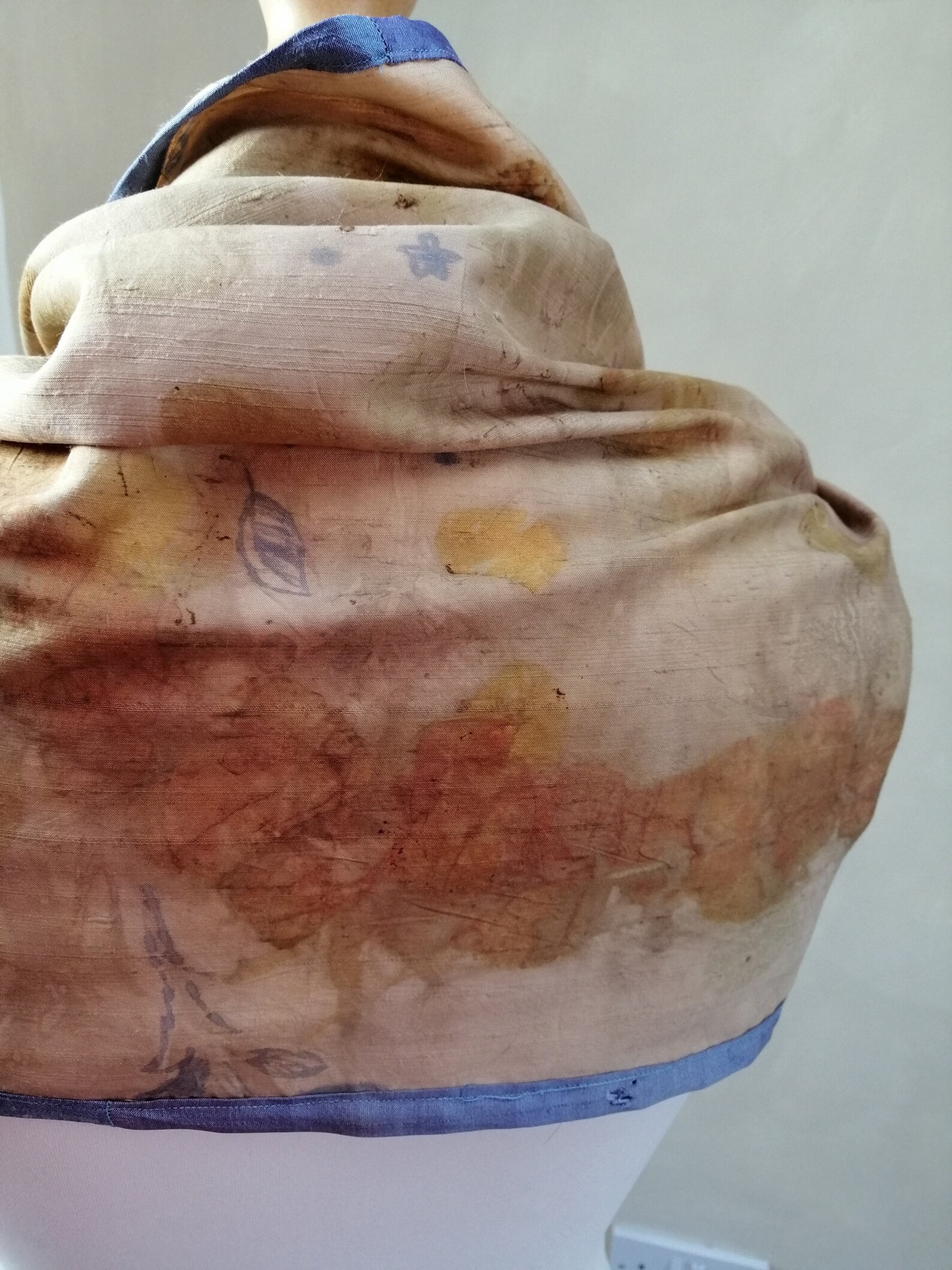 Silk Taffeta Russet Gold and Blue Eco Printed Scarf With Sky Blue Silk ...