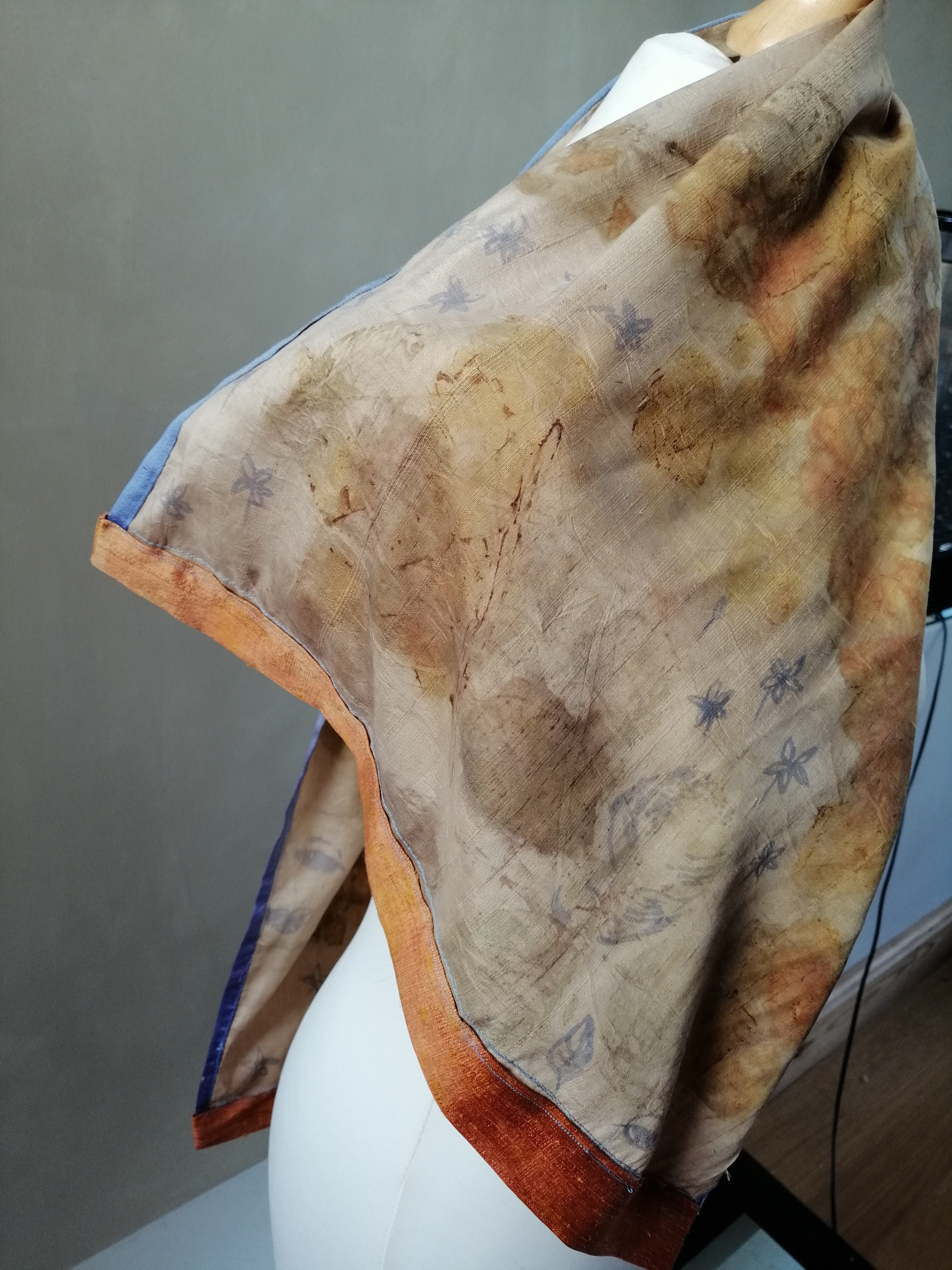 Silk Taffeta Russet Gold and Blue Eco Printed Scarf With Sky Blue Silk ...