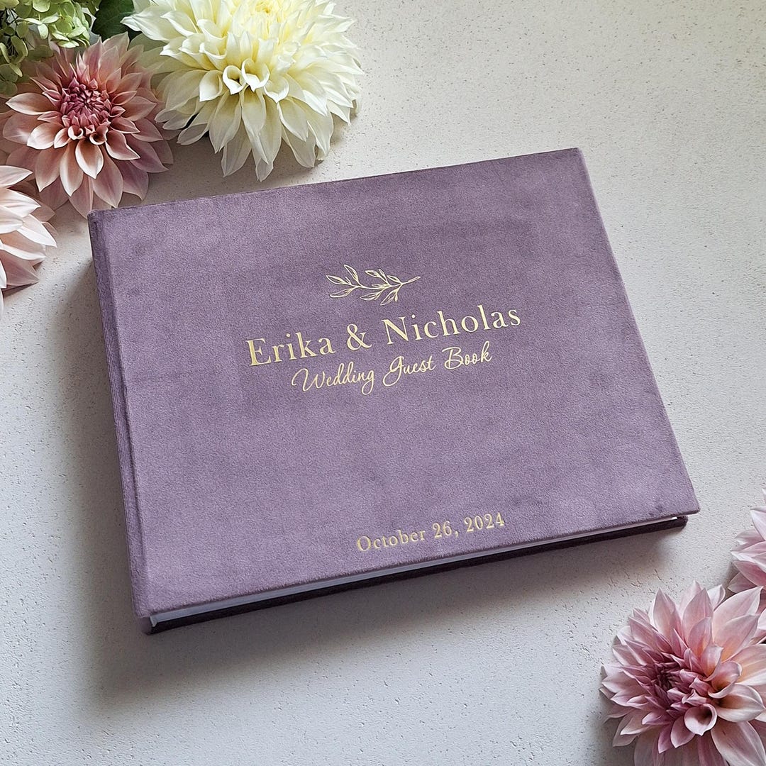 Handmade Velvet Wedding Guest Book: Vintage Lavender Gold Engraved ...