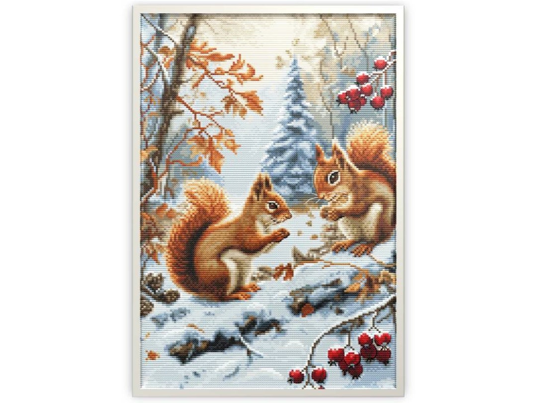 Squirrels in Winter Forest Cross Stitch Kit, Winter Scenery Embroidery ...