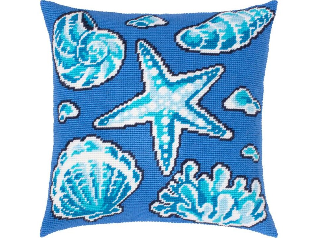Seashells DIY Needlepoint Pillow Kit, Blue Cushion, Tent Stitch Kit ...