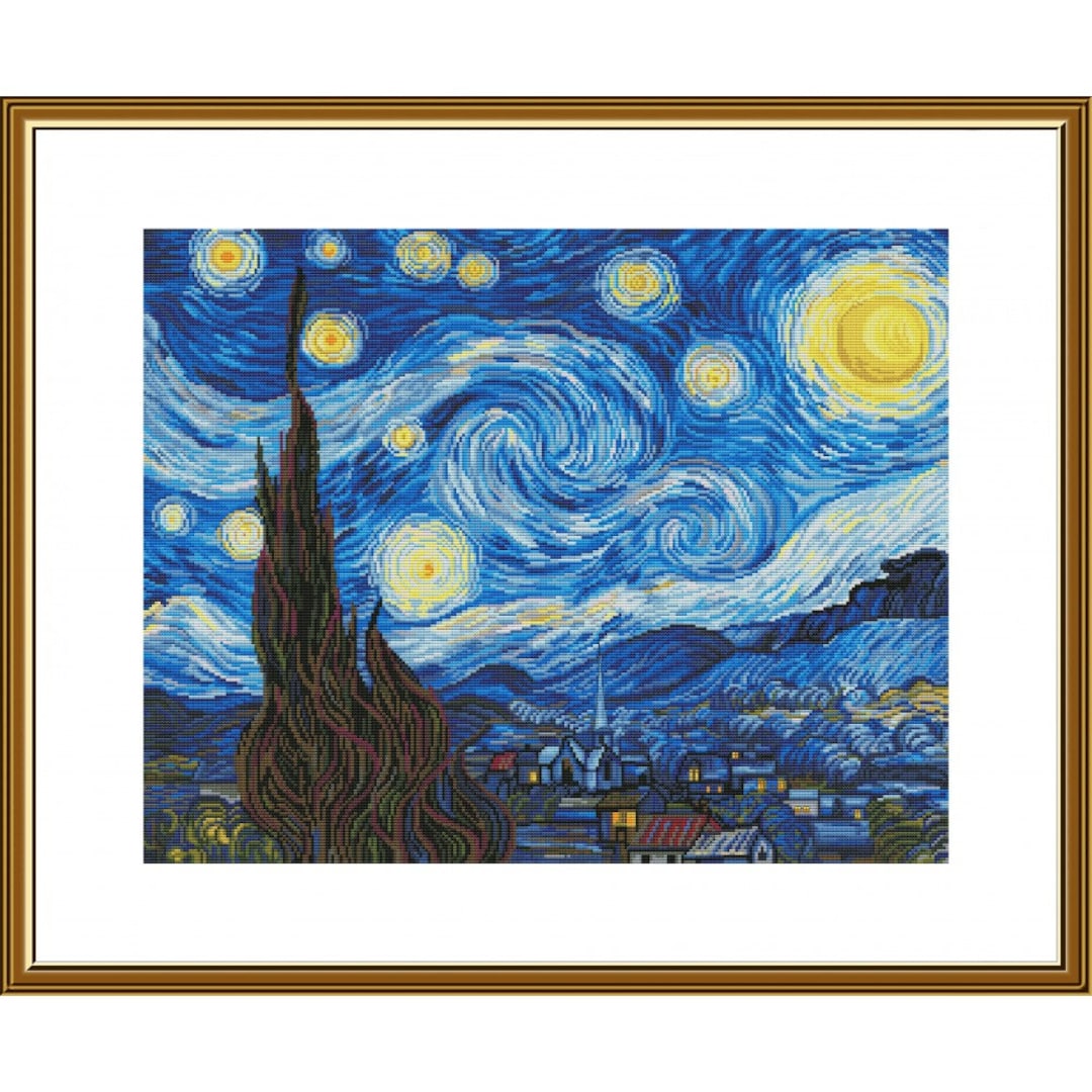 Starry Night, V. Van Gogh Cross Stitch Embroidery Kit, Night Landscape ...