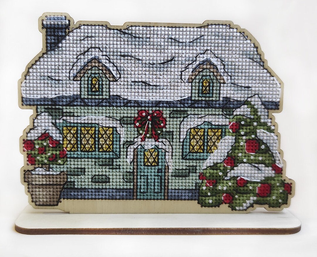 Winter Cottage DIY Cross Stitch Kit on Wood, Wooden Embroidery Kit ...