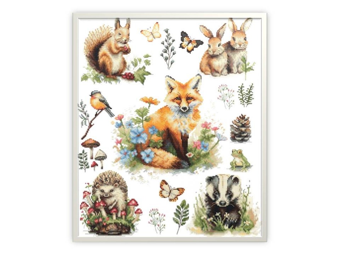Forest Animals Cross Stitch Kit, Sampler Embroidery Kit, A Fox and a ...