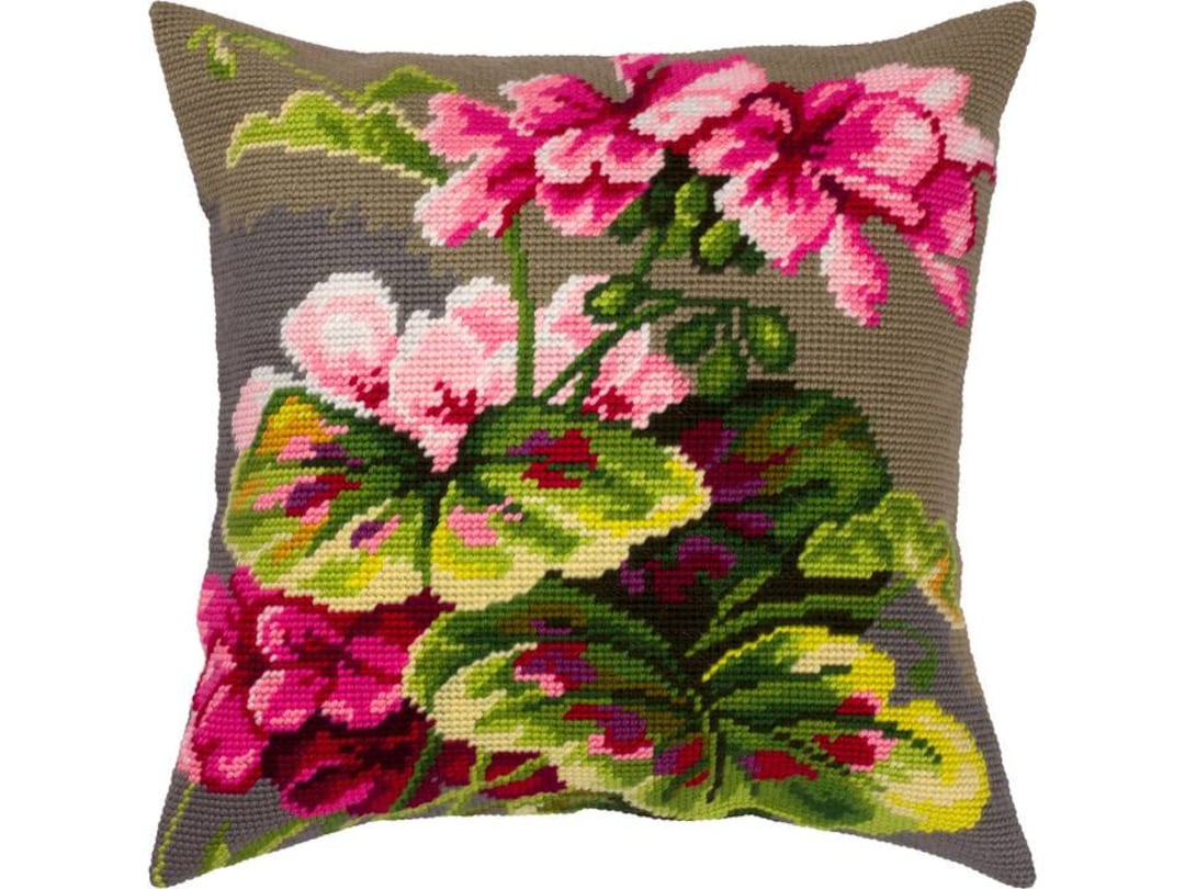 Geraniums DIY Needlepoint Pillow, Needlepoint Pillow Kits Flowers ...