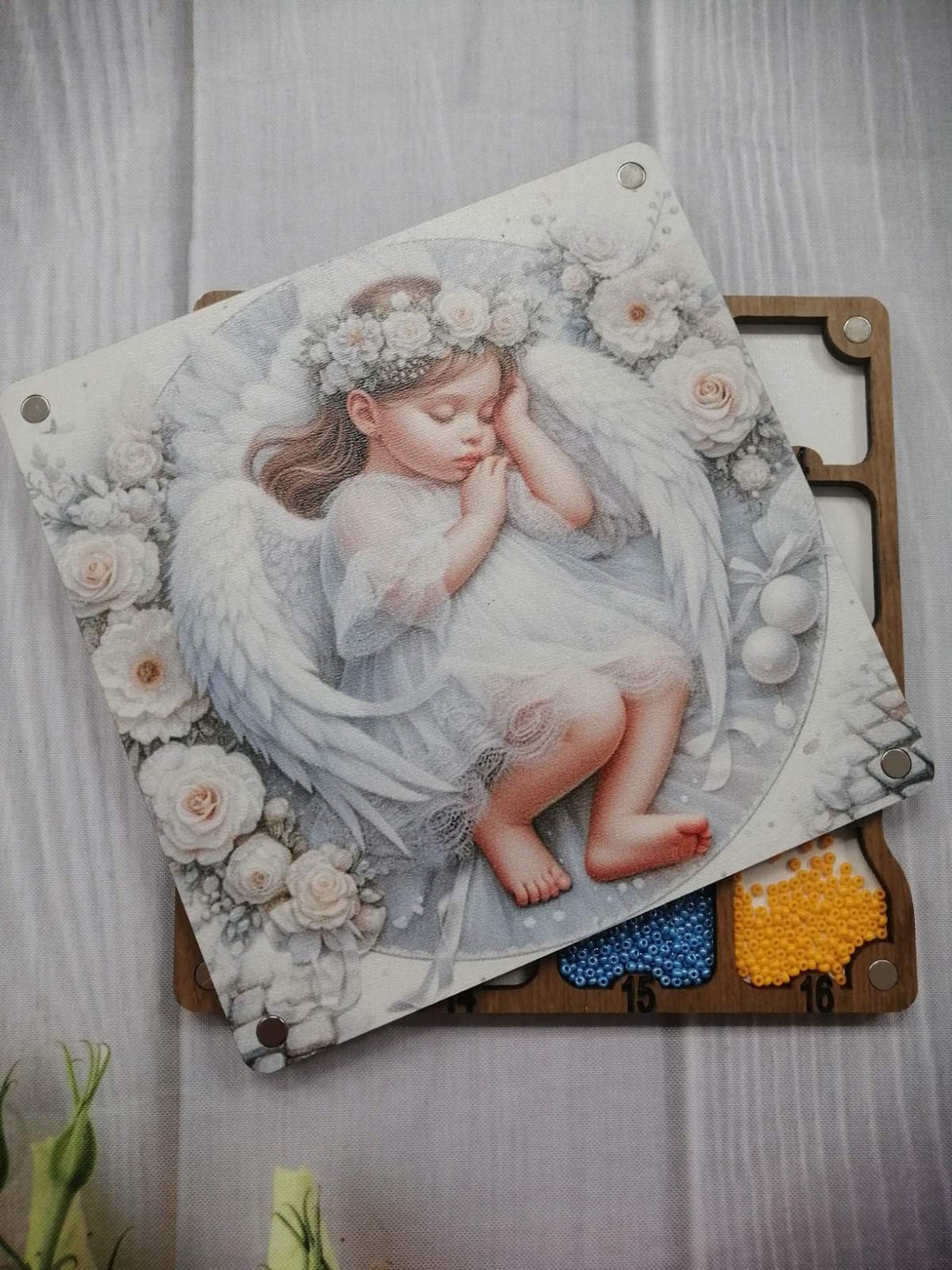 Wooden Organizer for Beads With a Little Angel, Casket for Needlework ...