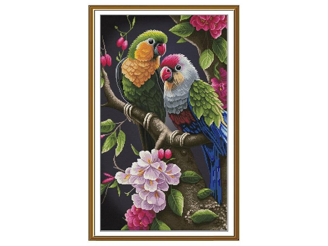 A Pair of Colorful Parrots Cross Stitch Kit, Tropical Birds Embroidery ...