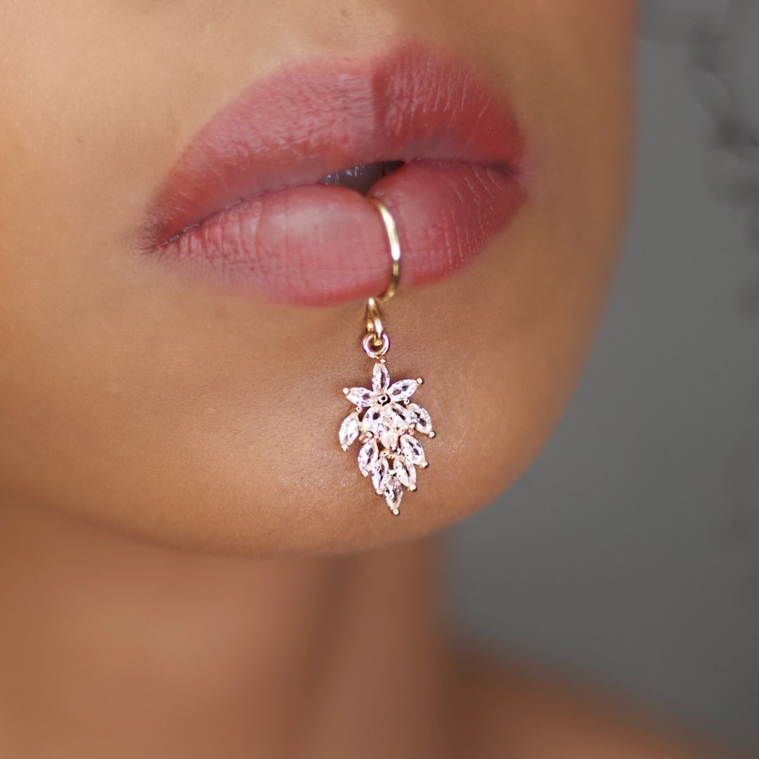 Gold Crystal Dangle Lip Cuff, No Piercing Needed, Lip Ring, Faux ...