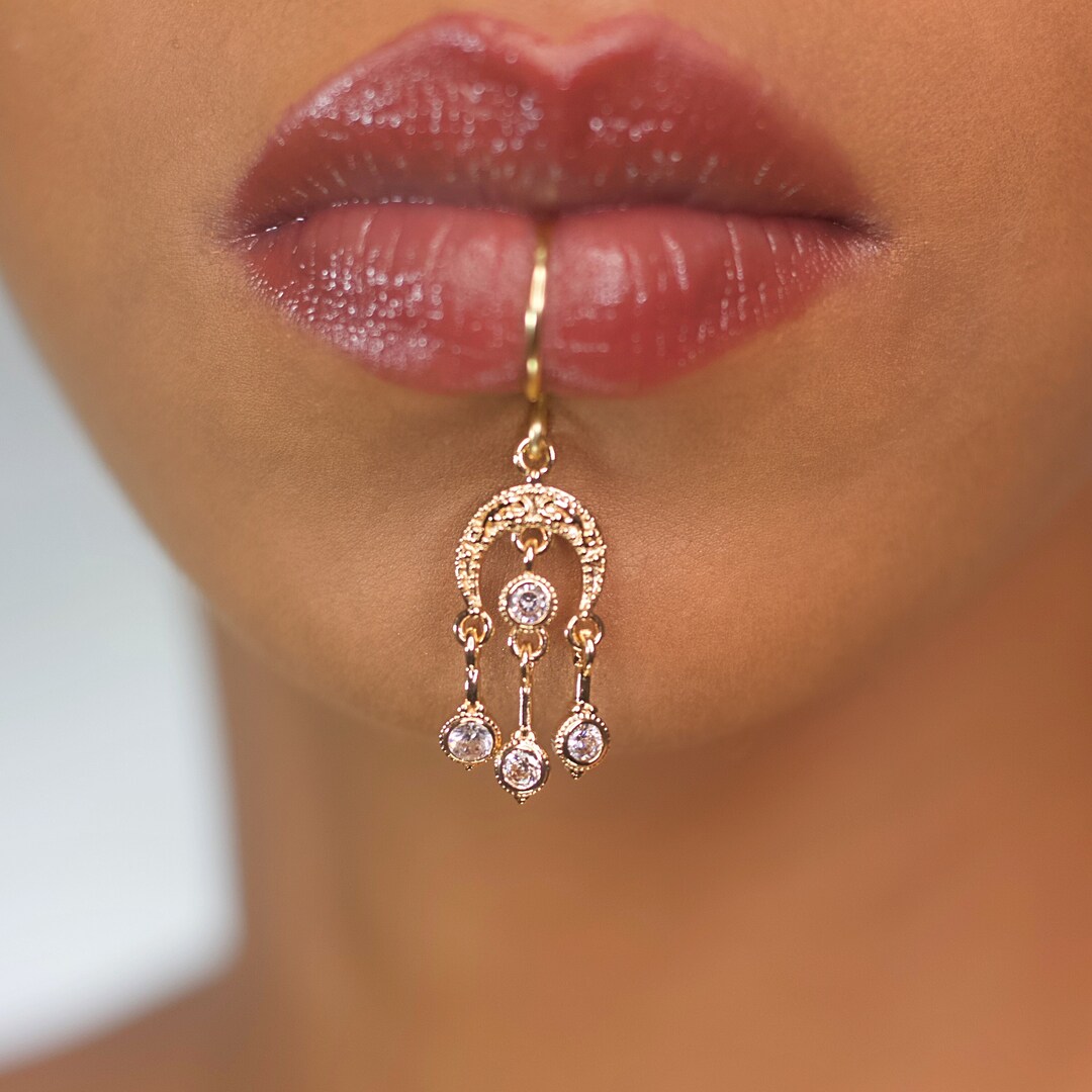 Gold Crystal Dangle Lip Cuff, No Piercing Needed, Lip Ring, Faux ...
