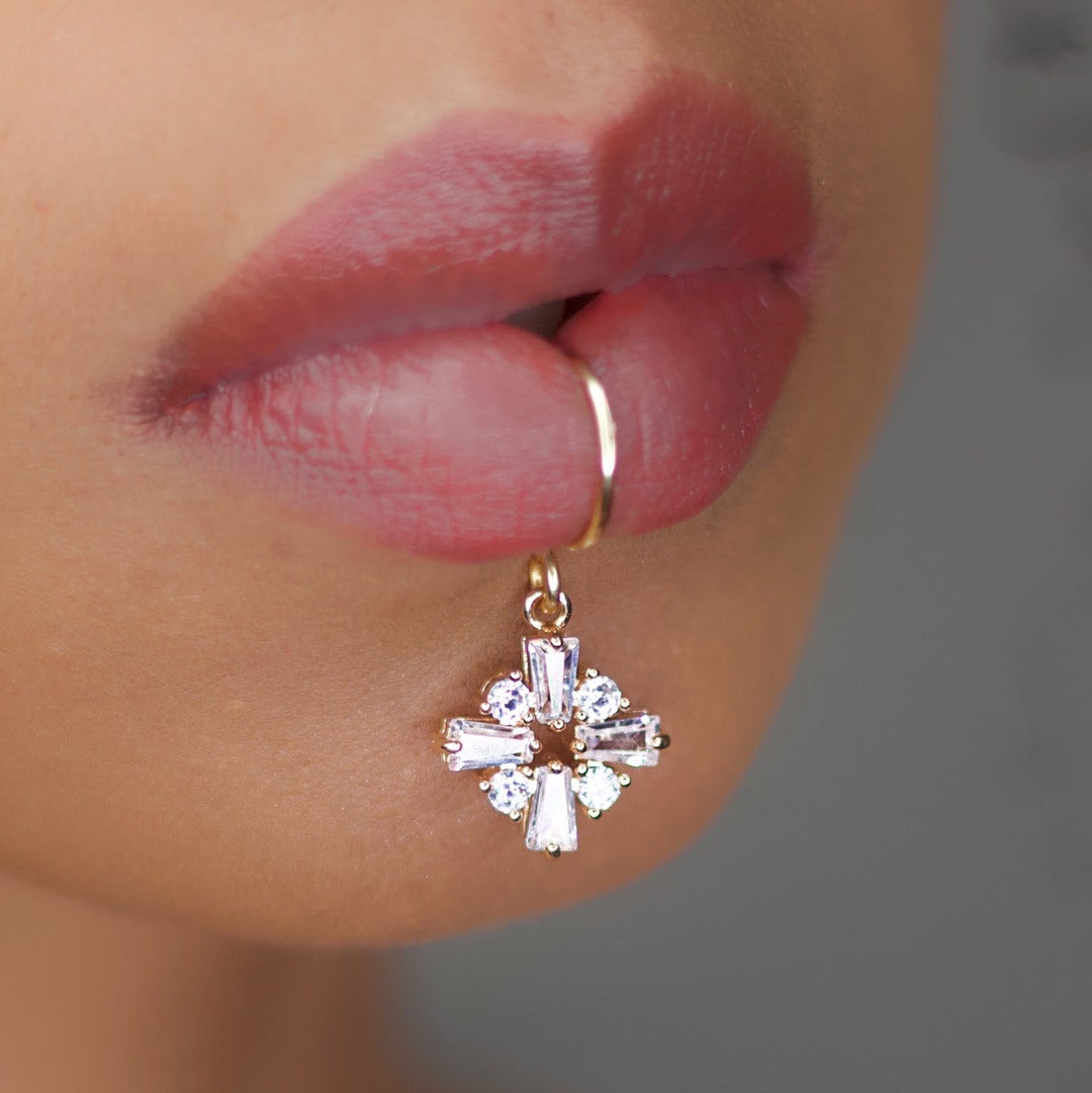 Gold Crystal Dangle Lip Cuff, No Piercing Needed, Lip Ring, Faux ...