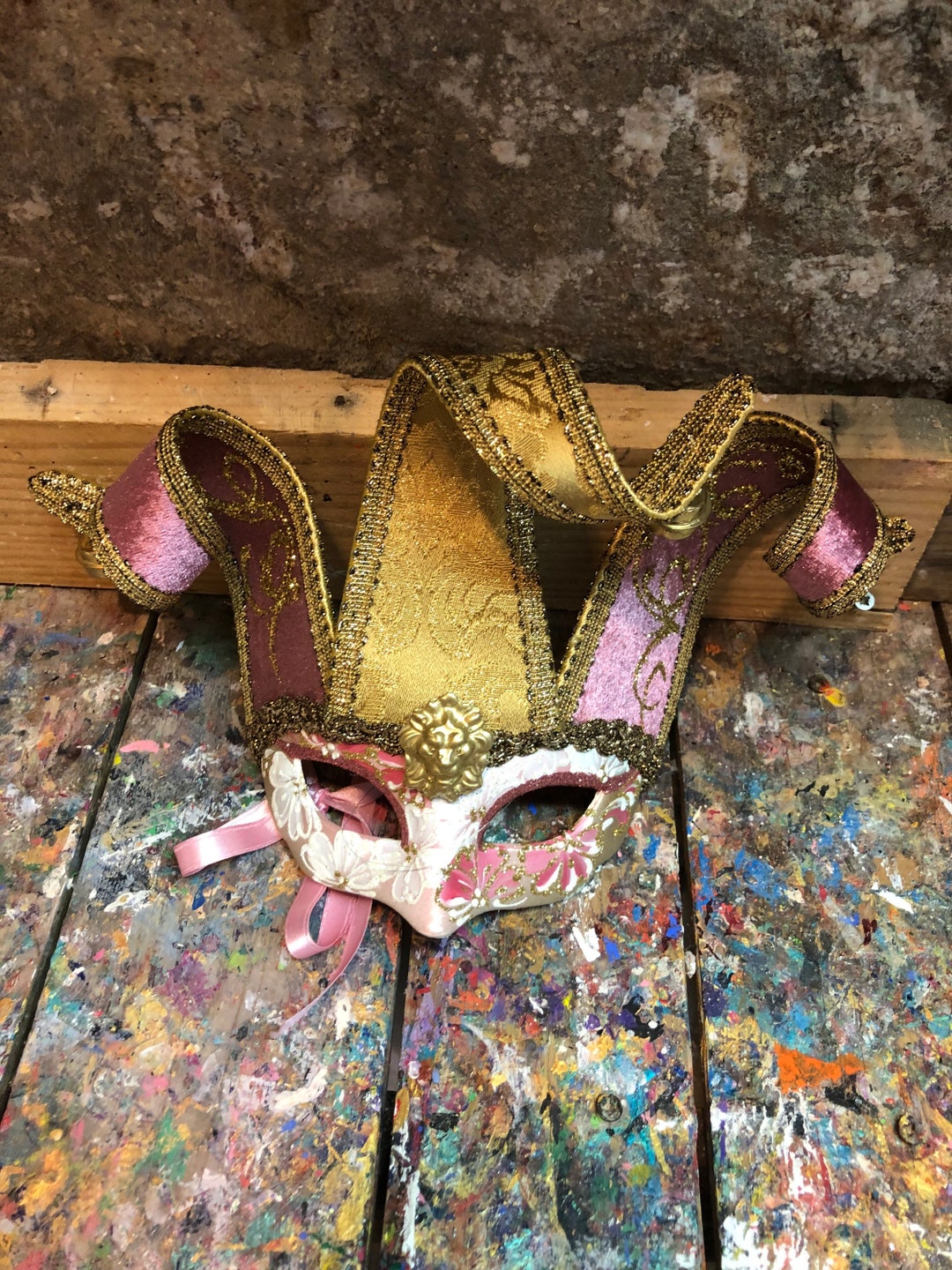 Venetian Eye Mask Decorated With Pink and Golden Colors Carnival Mask ...