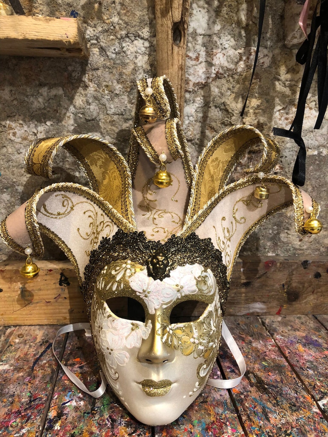 Finely Decorated Jester Mask With Golden Floral Motifs and Glitter ...