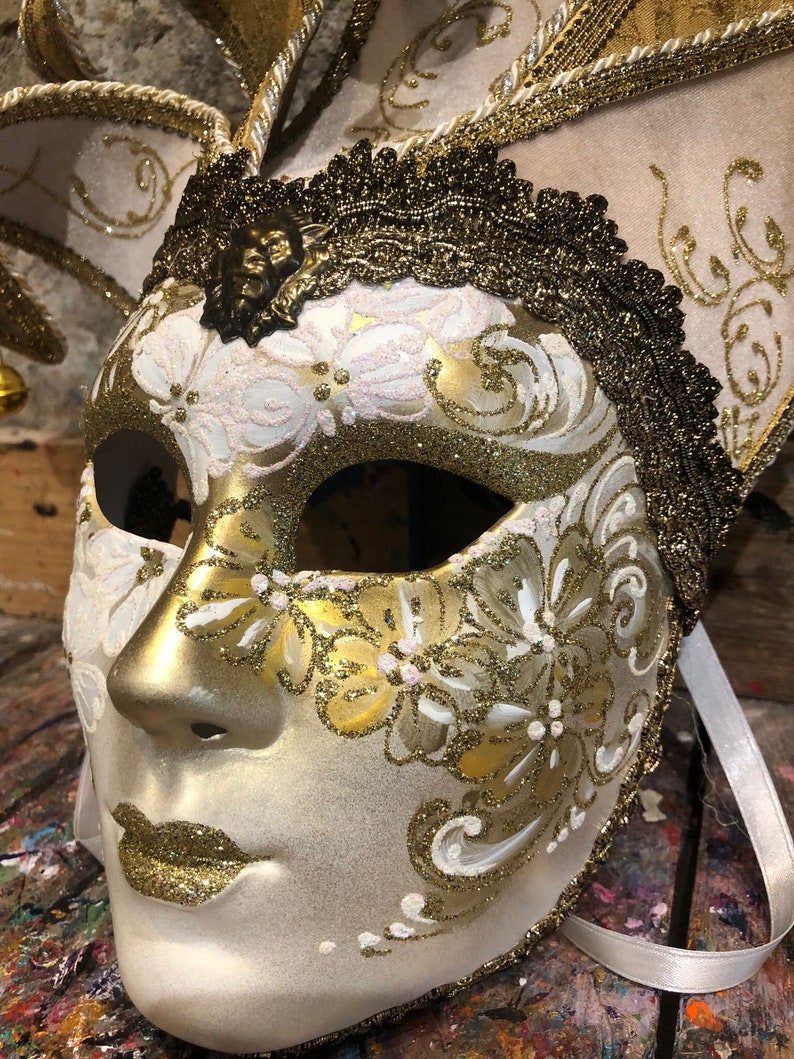 Finely Decorated Jester Mask With Golden Floral Motifs and Glitter ...