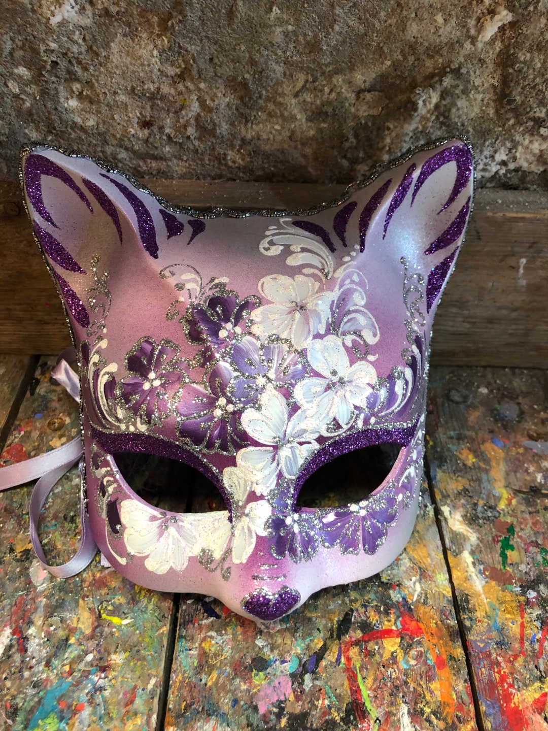 Pink Cat Mask, Decorated With Glitter and Silver Colors Elegant ...