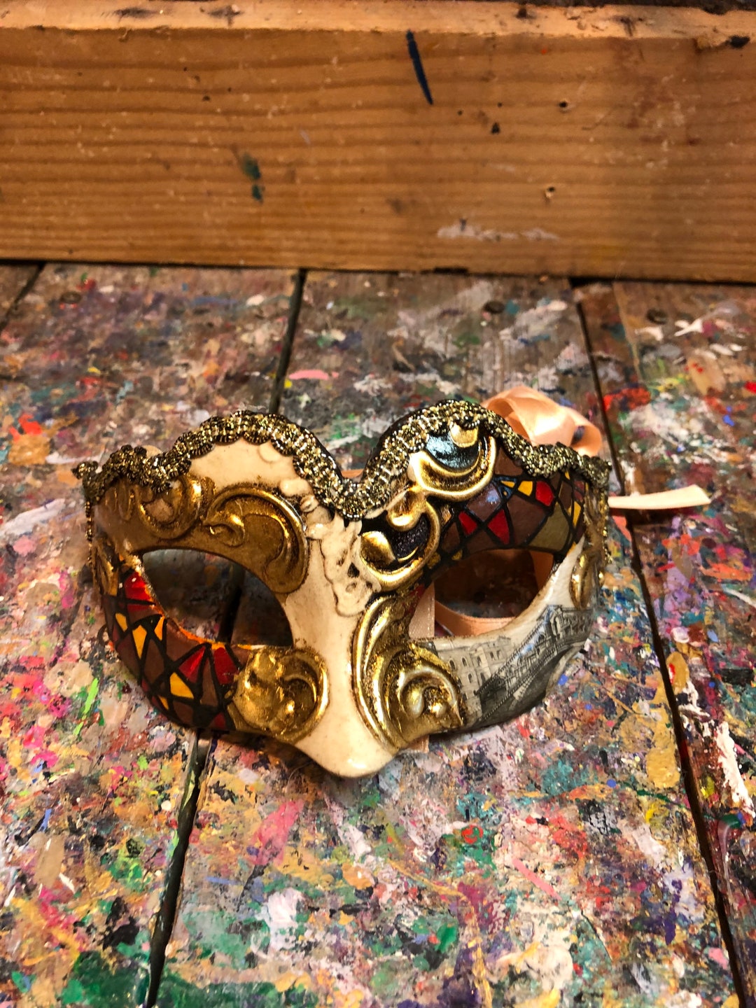 Venetian Eye Mask Decorated With Golden and Red Colors Carnival Mask ...
