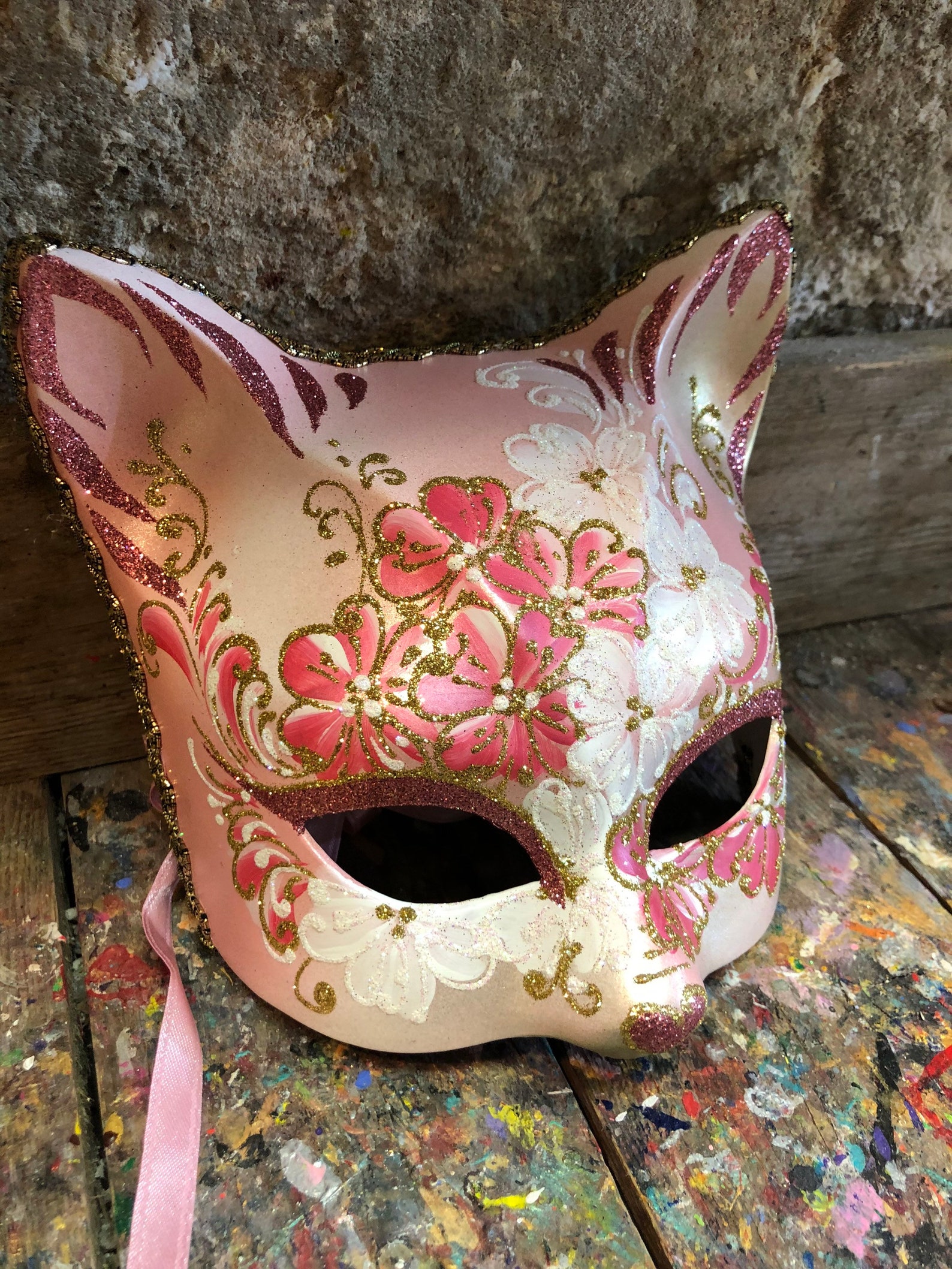 Original Venetian Cat Mask Pink and White Cat Mask Hand - Etsy