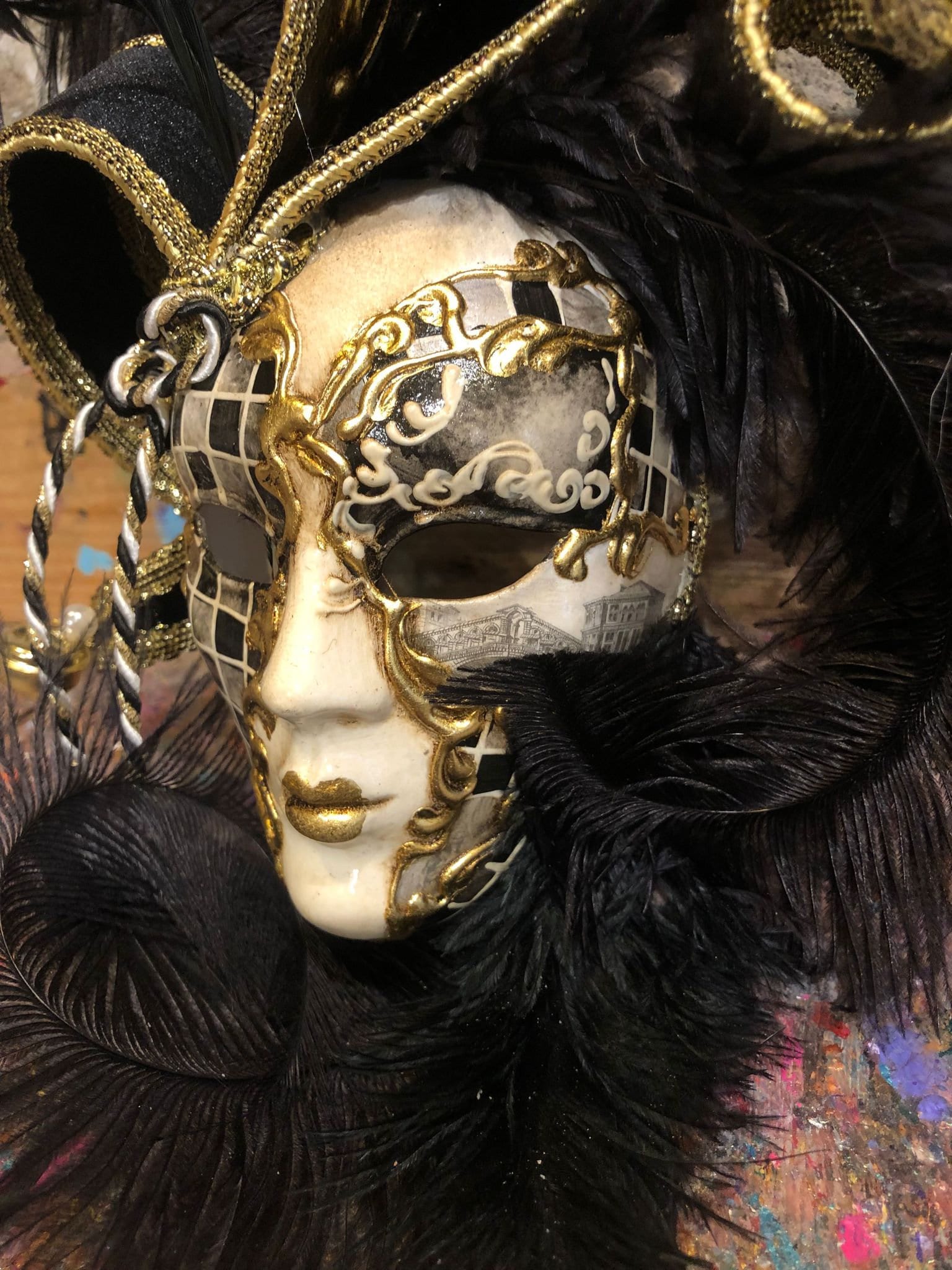 Carnival Face Mask With Feathers and Gold Decorations - Ornamental Mask ...