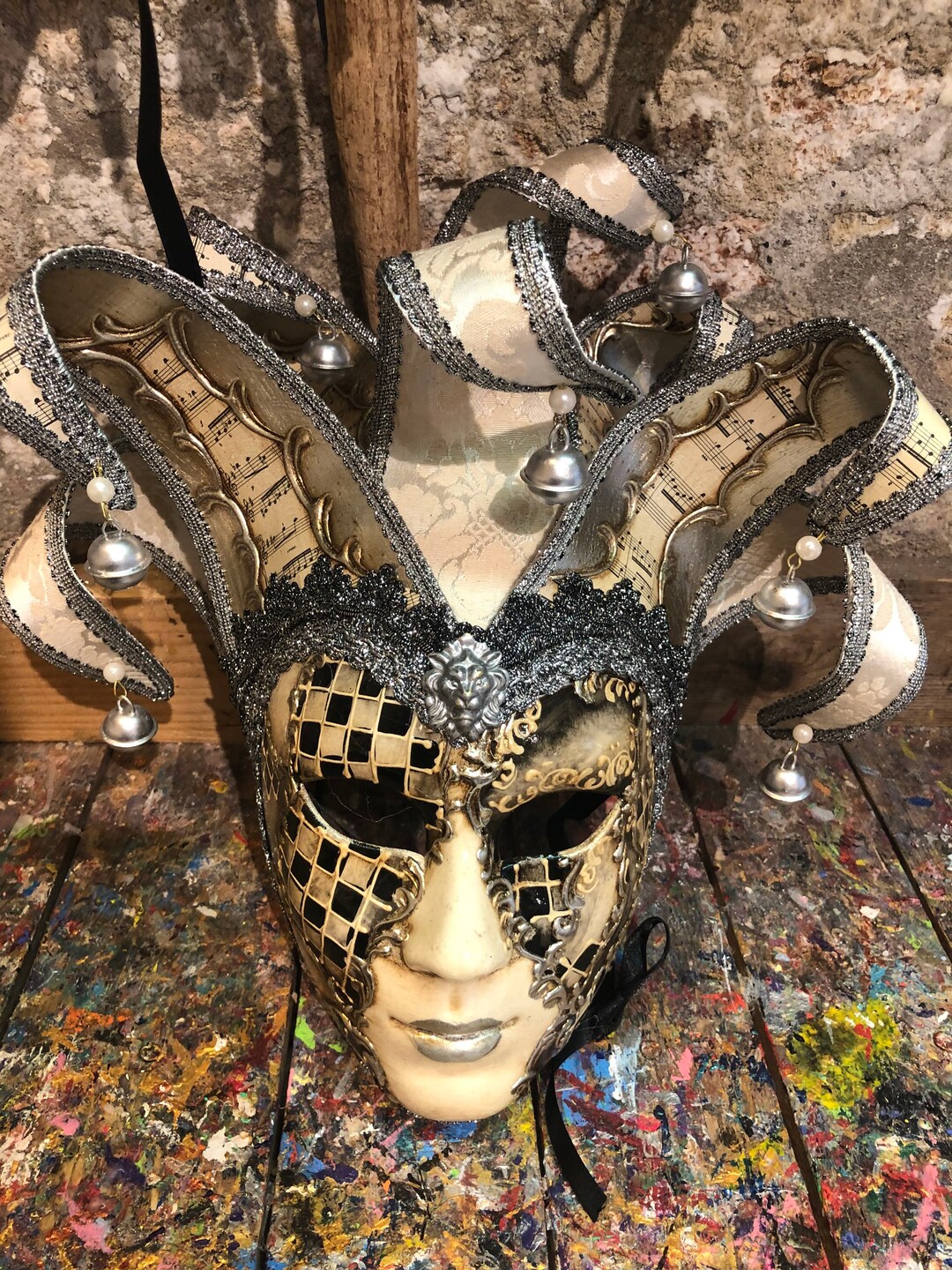 Finely Decorated Jester Mask With Checkered Patterns and Silver Colors ...