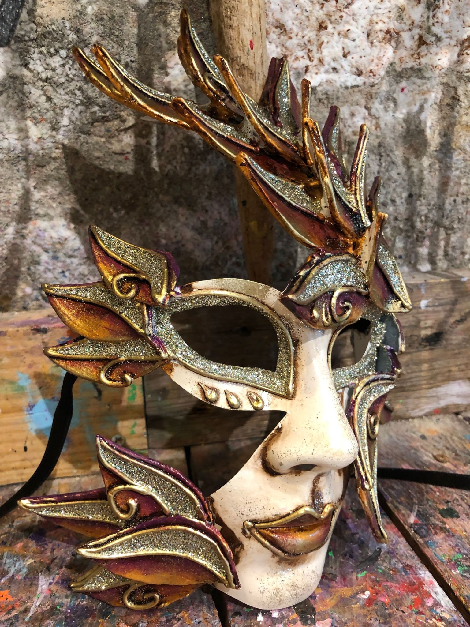 Half-face Carnival Mask Decorated With Silver and Amber Petals - Hand ...