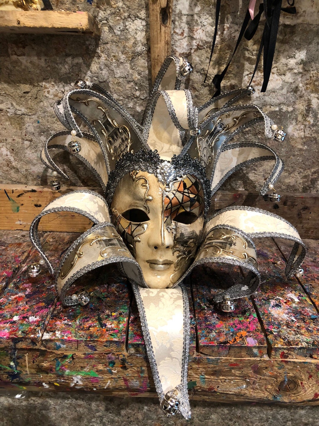 Venetian Jester Mask With Baroque Decorations and Silver Colors Hand ...