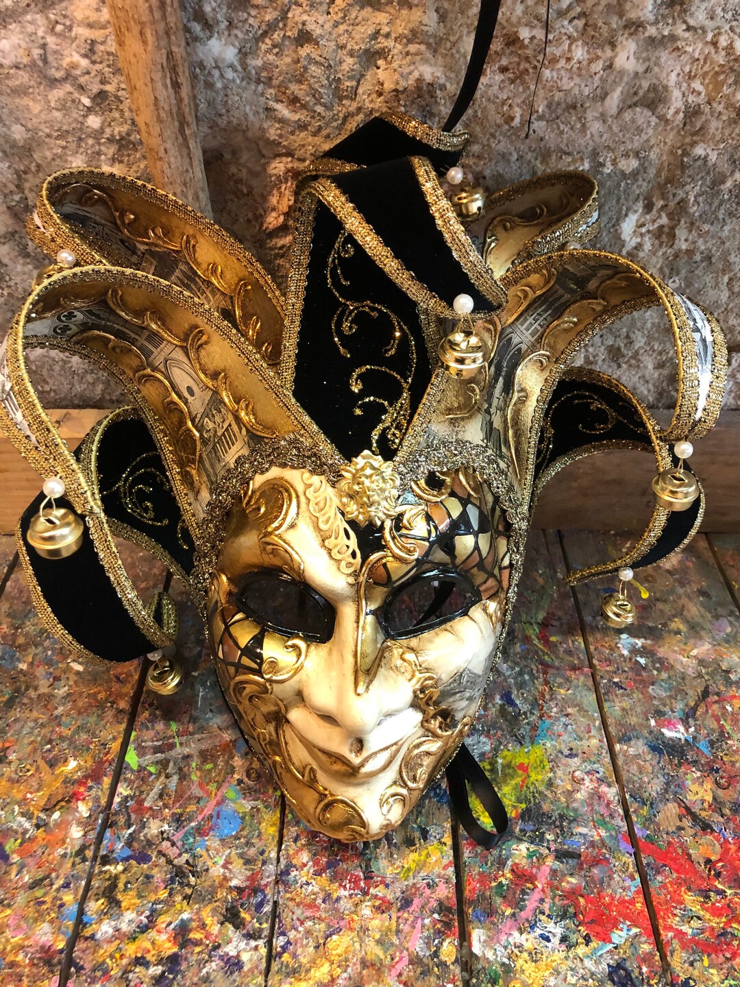 Venetian Jester Mask Hand Decorated With Gold Colors - Carnival Joker ...