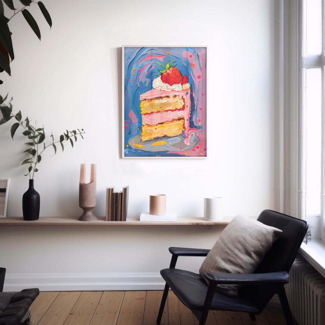 Dopamine Décor, Maximalist Wall Art Showing a Piece of Cake on Blue and ...