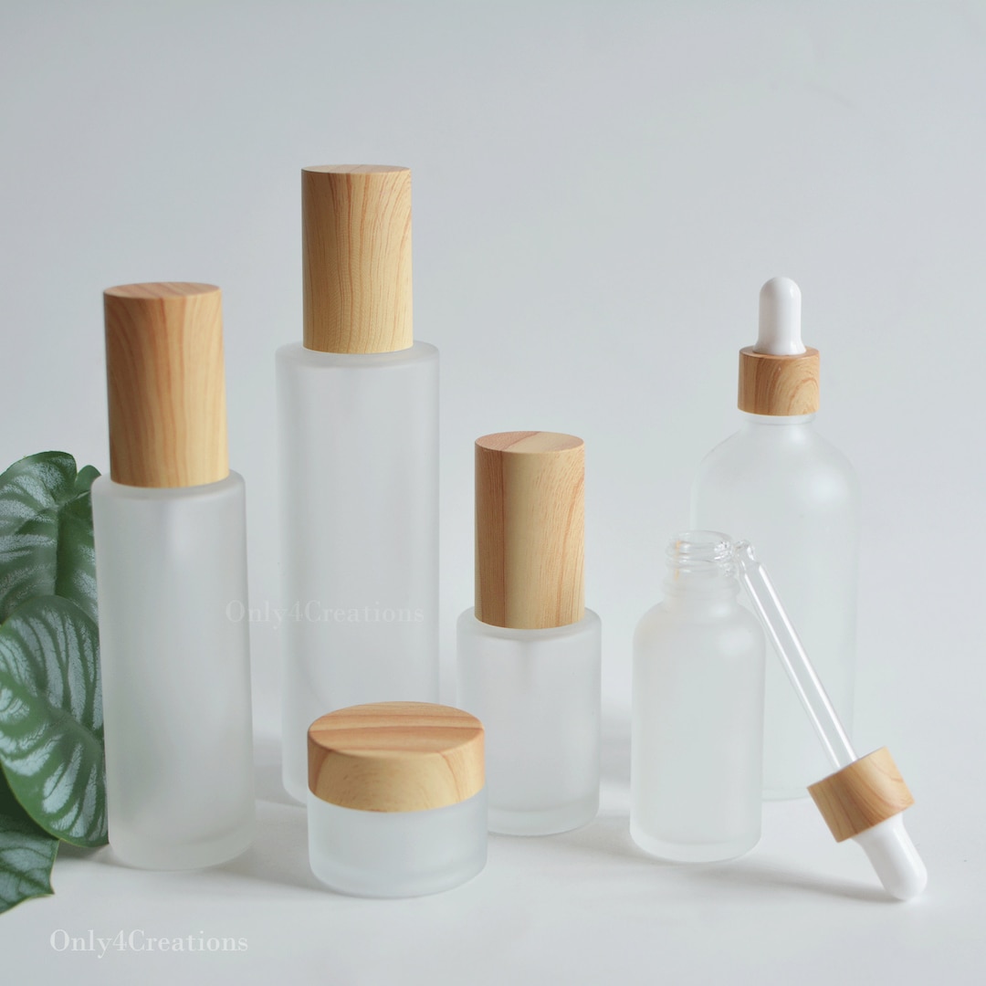 DIY Handmade Cosmetic Packaging Set, Glass Bottle Bamboo Wooden Look ...