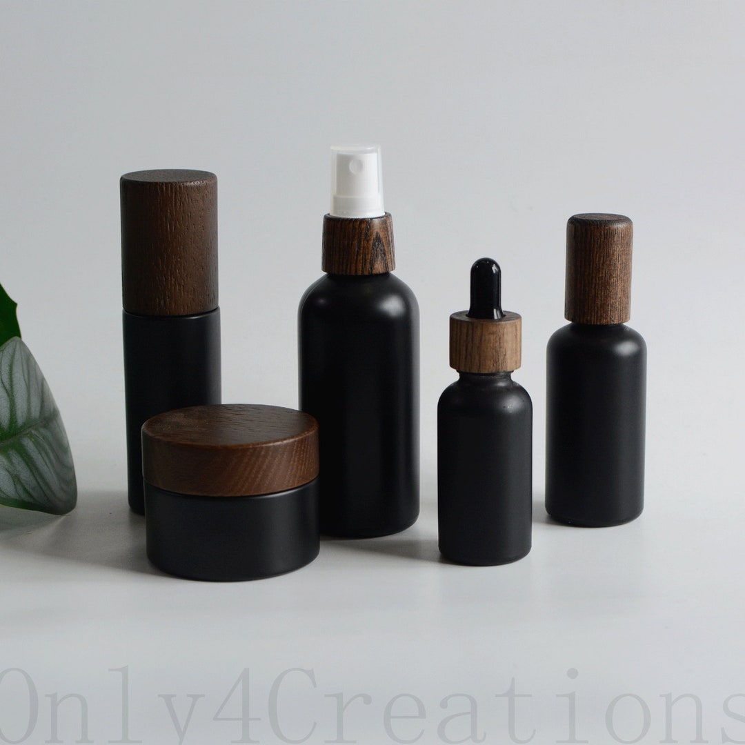 Matte Black Glass Cosmetic Packaging Set Spray Lotion Roller Dropper ...