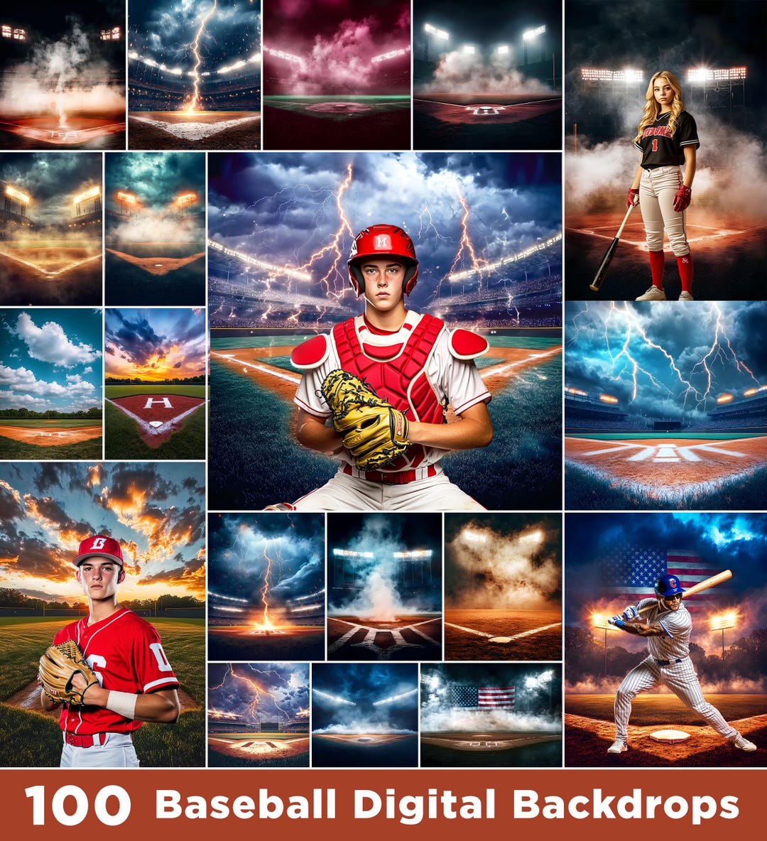 100 Baseball Digital Backdrops: Stadium Lights, Thunder Effect (JPG ...