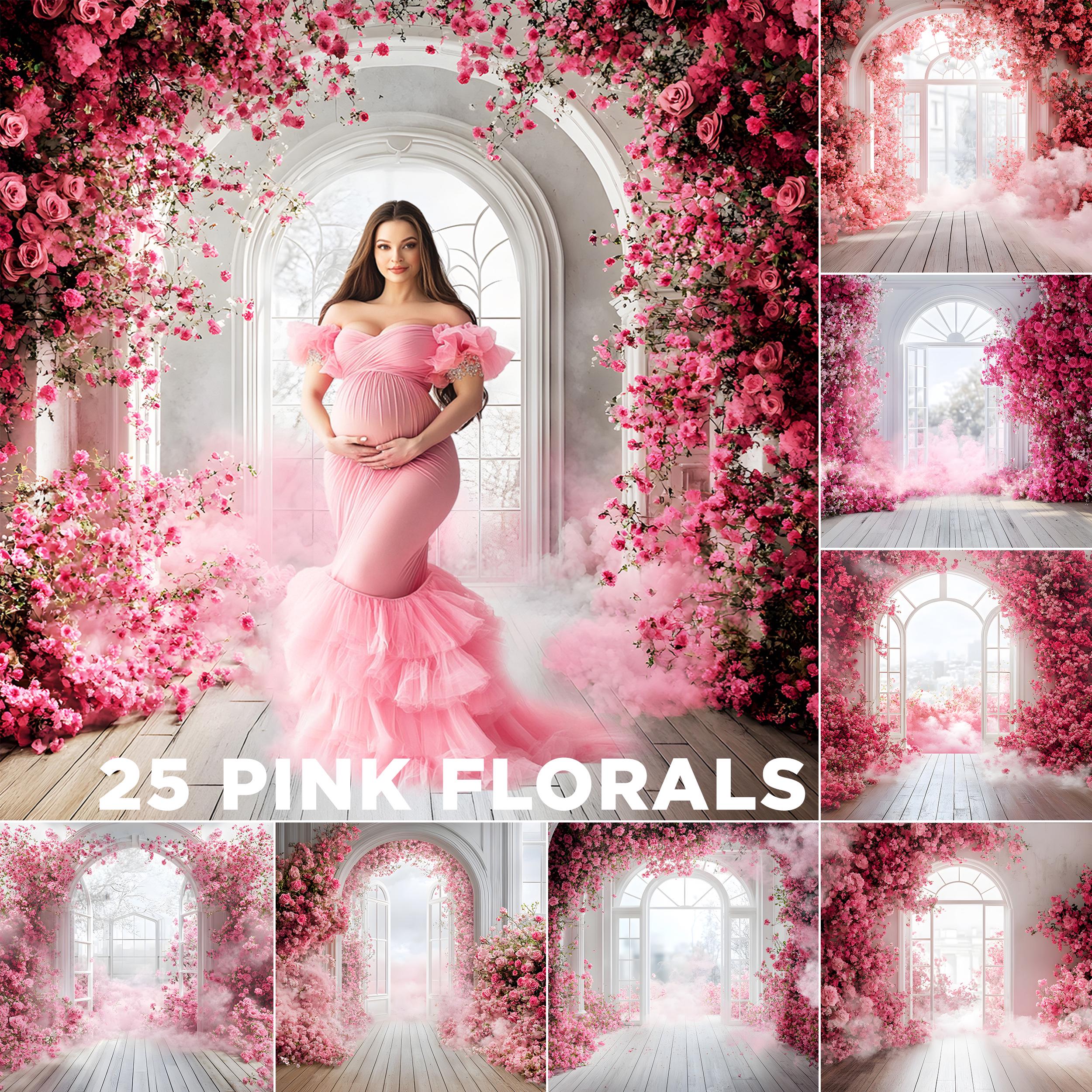 25 Pink Floral Digital Backdrops: Maternity Photography Overlays (JPG ...