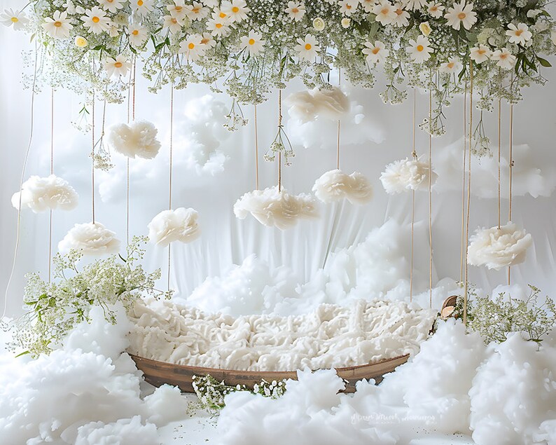 Blue Floral Boat Clouds Newborn Digital Backdrop: Photoshop Overlays ...