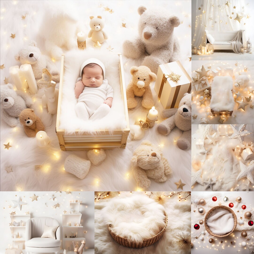 Christmas Newborn Photography Digital Backdrop: White Fur, Stars ...