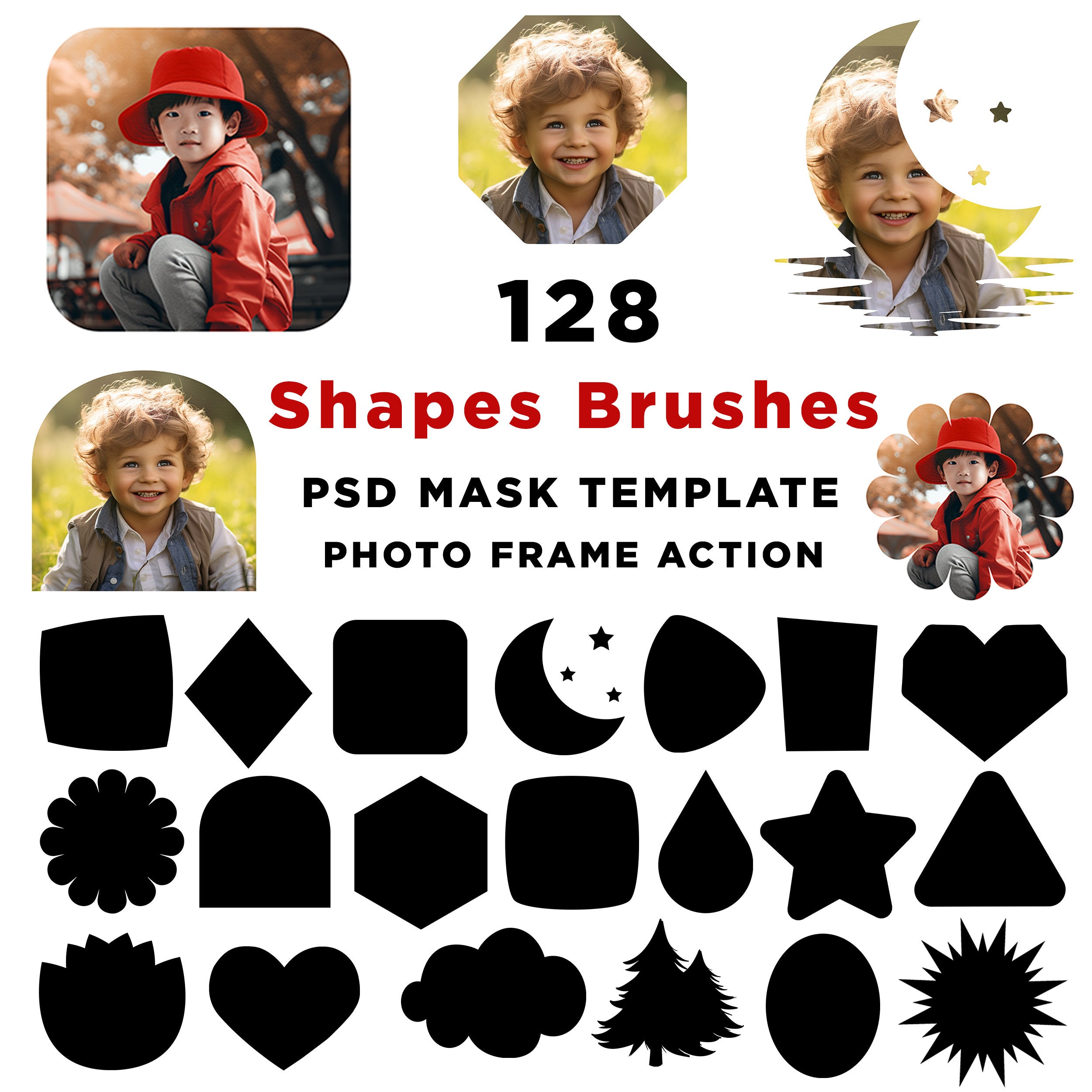 128 Shapes Mask Brushes Layered PSD Template, Scrapbook Mask Brushes ...