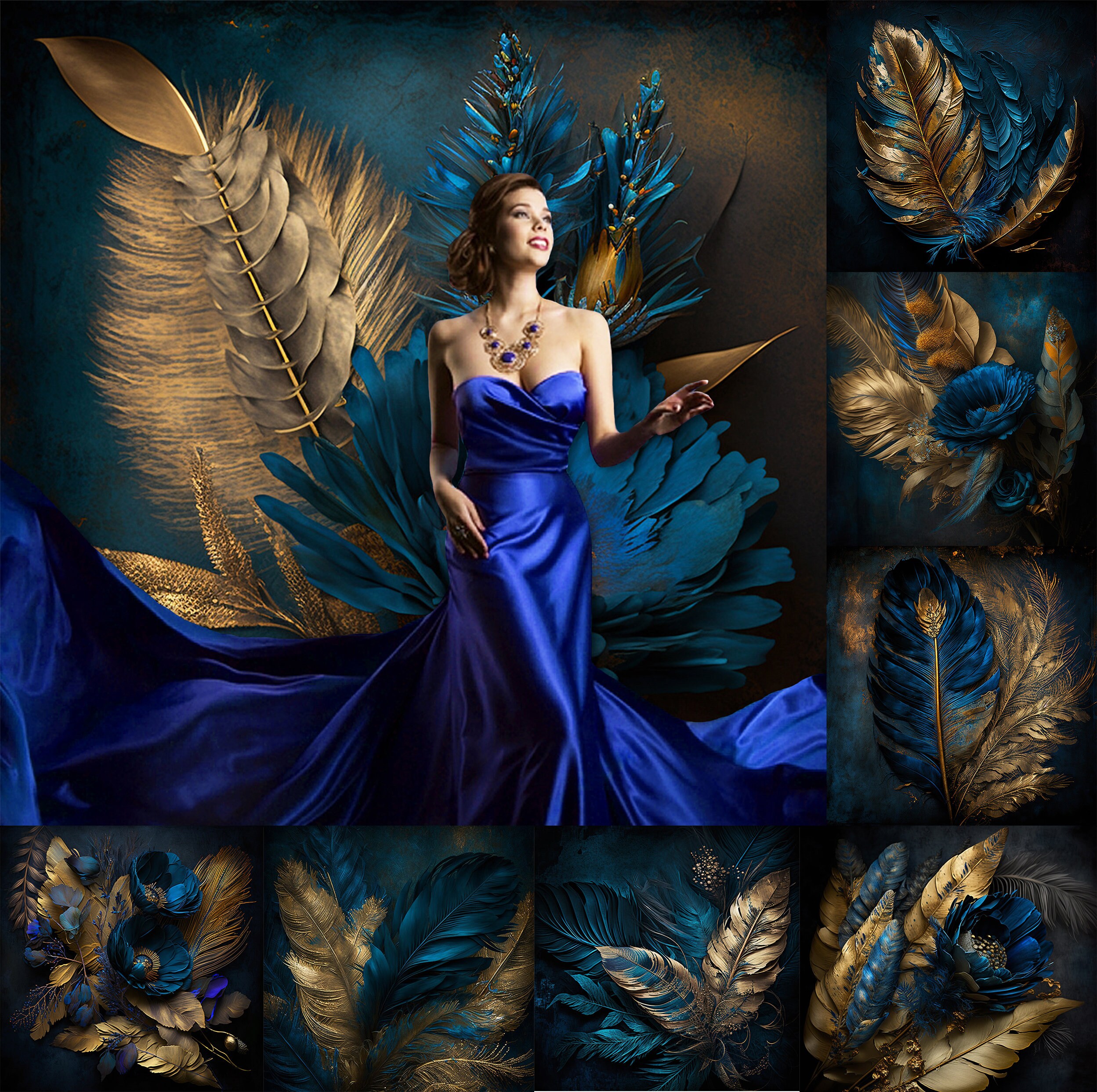 32 Blue and Gold Moody Floral Feather Digital Backdrops, Fine Art ...