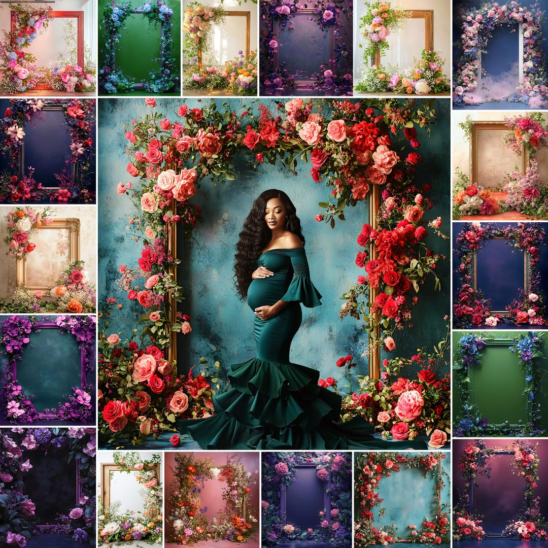 50 Floral Frame Digital Backdrops: Maternity Photography Overlays (JPG ...