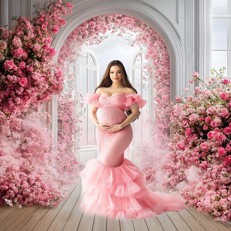 25 Pink Floral Digital Backdrops: Maternity Photography Overlays (JPG ...