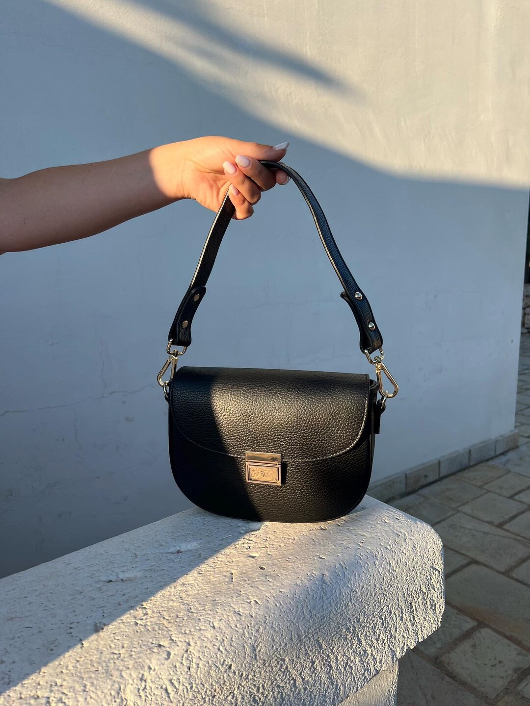 Italian Leather Bag, Black Leather Baguette Bag, Leather Handbags for ...