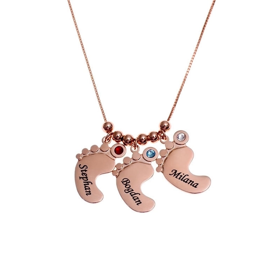 Personalized Sterling Silver Baby Feet Necklace: Family Birthstone ...