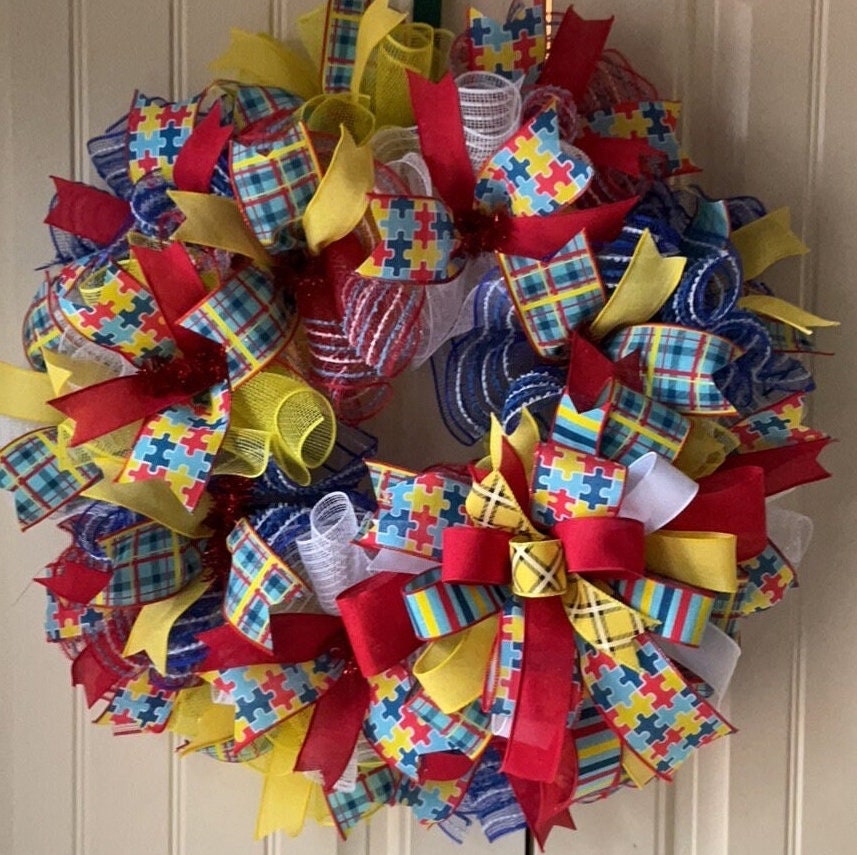 Autism Awareness Wreath for Front Door Puzzle Pieces Wreath Autism ...