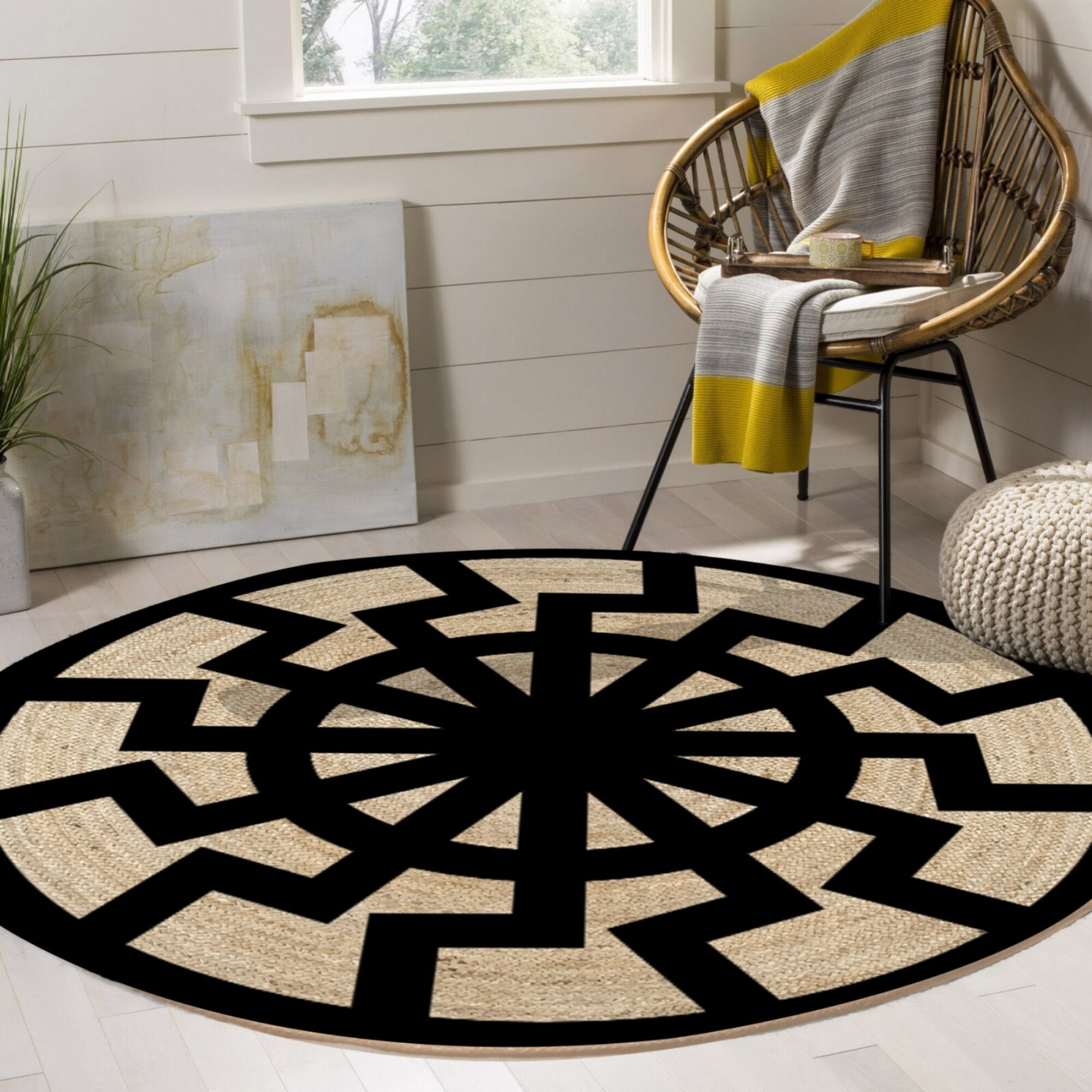 Hand Braded Round Jute / Black Sun Patterned Jute Rug / Boho/ | Etsy