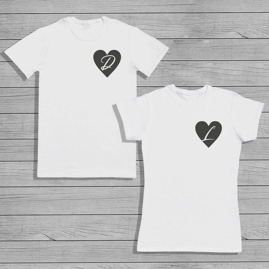 Personalised Initial & Heart Matching Couple T-shirt Set His and Hers ...