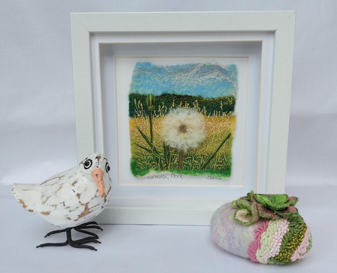 Dandelion Clock felted wool and embroidery art framed wall | Etsy