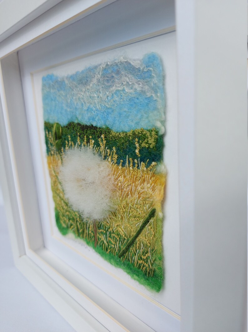 Dandelion Clock - Felted Wool and Embroidery Art - Framed Wall Textile ...