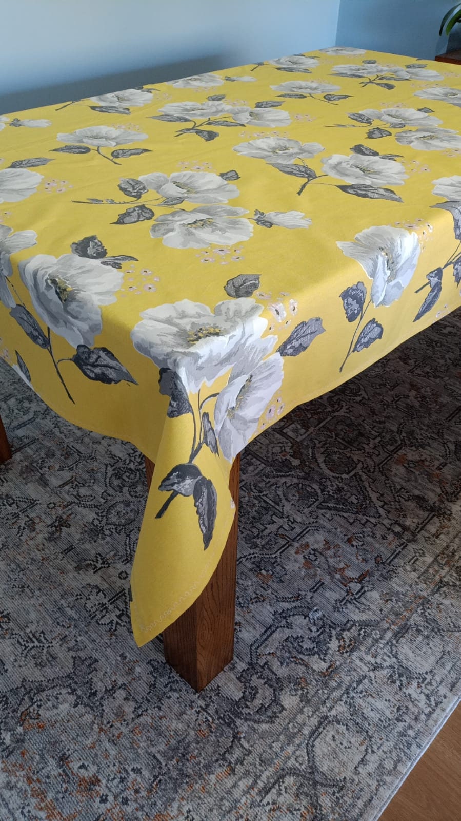 Yellow Table Linen With Grey and Pink Large Flowers, Handmade in Turkey ...