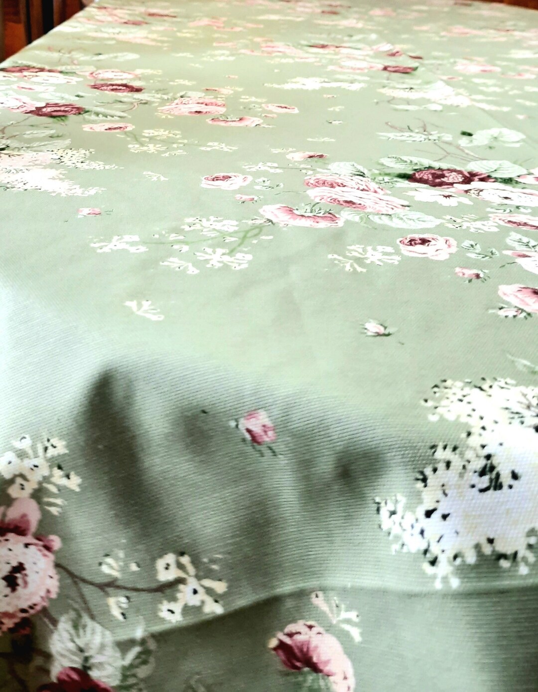 Nile Green Roses Print Table Linen in Custom Sizes, Spring Tablecloth ...